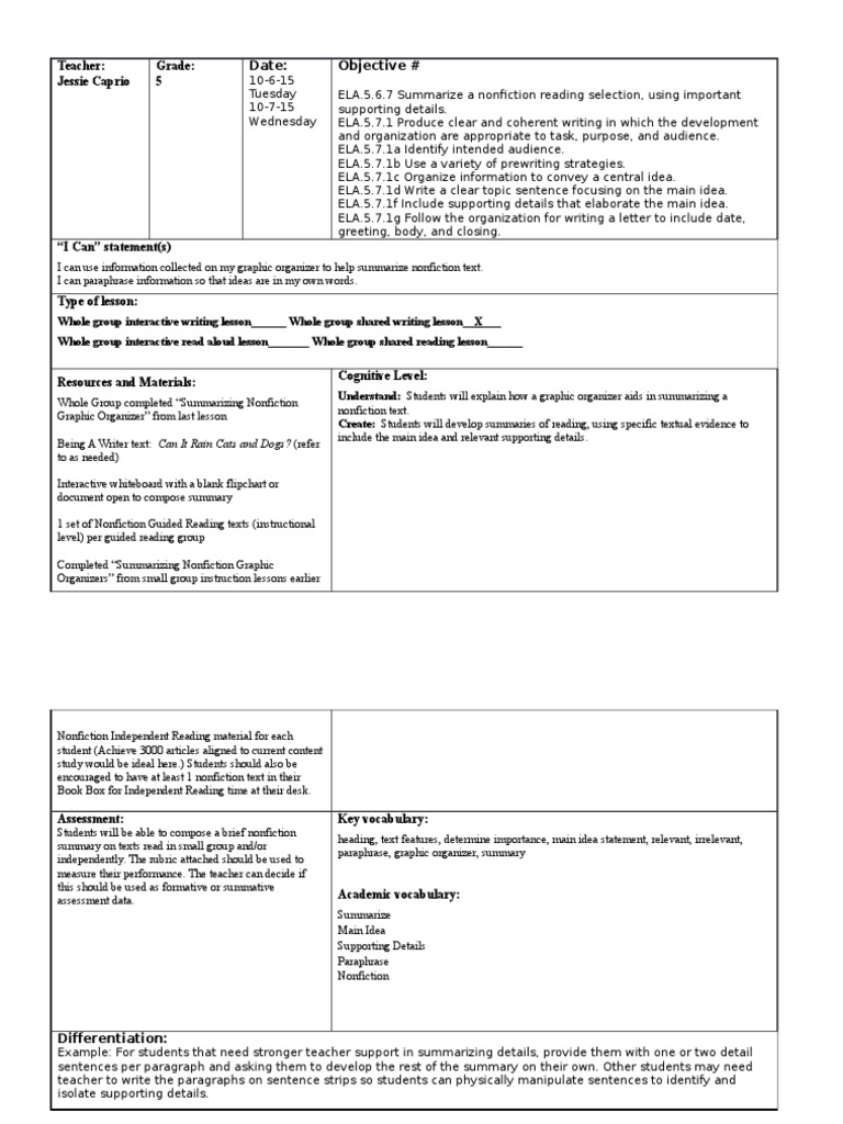 5th Grade Nonfiction Summary Lesson Plan | PDF | Educational Assessment ...
