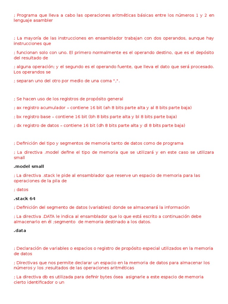 Programa de Operaciones Aritméticas Básicas en Assembler | PDF | Lenguaje ensamblador | Programa ...