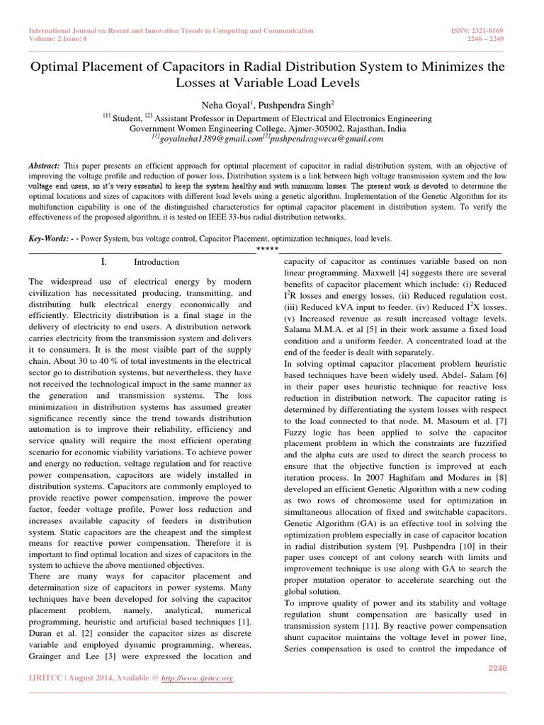Optimal Placement of Capacitors in Radial Distribution System To Minimizes The Losses at ...