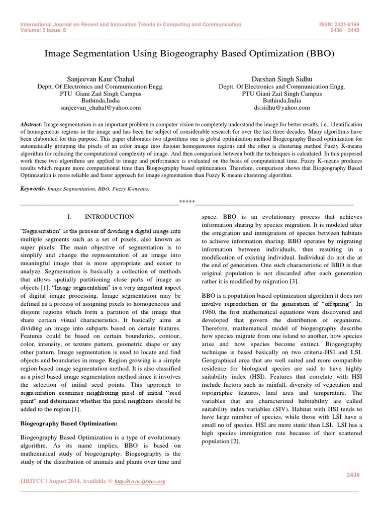 Image Segmentation Using Biogeography Based Optimization | Download ...