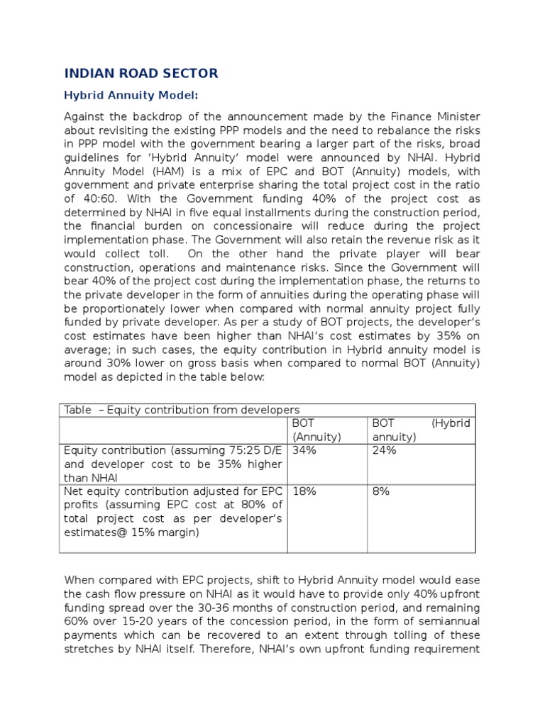 Indian Road Sector: Hybrid Annuity Model | Download Free PDF | Public ...