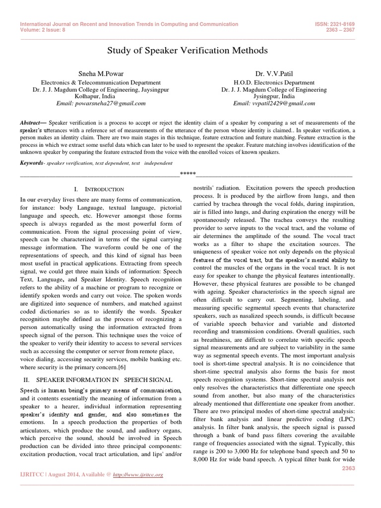 Study Of Speaker Verification Methods Pdf Spectral Density