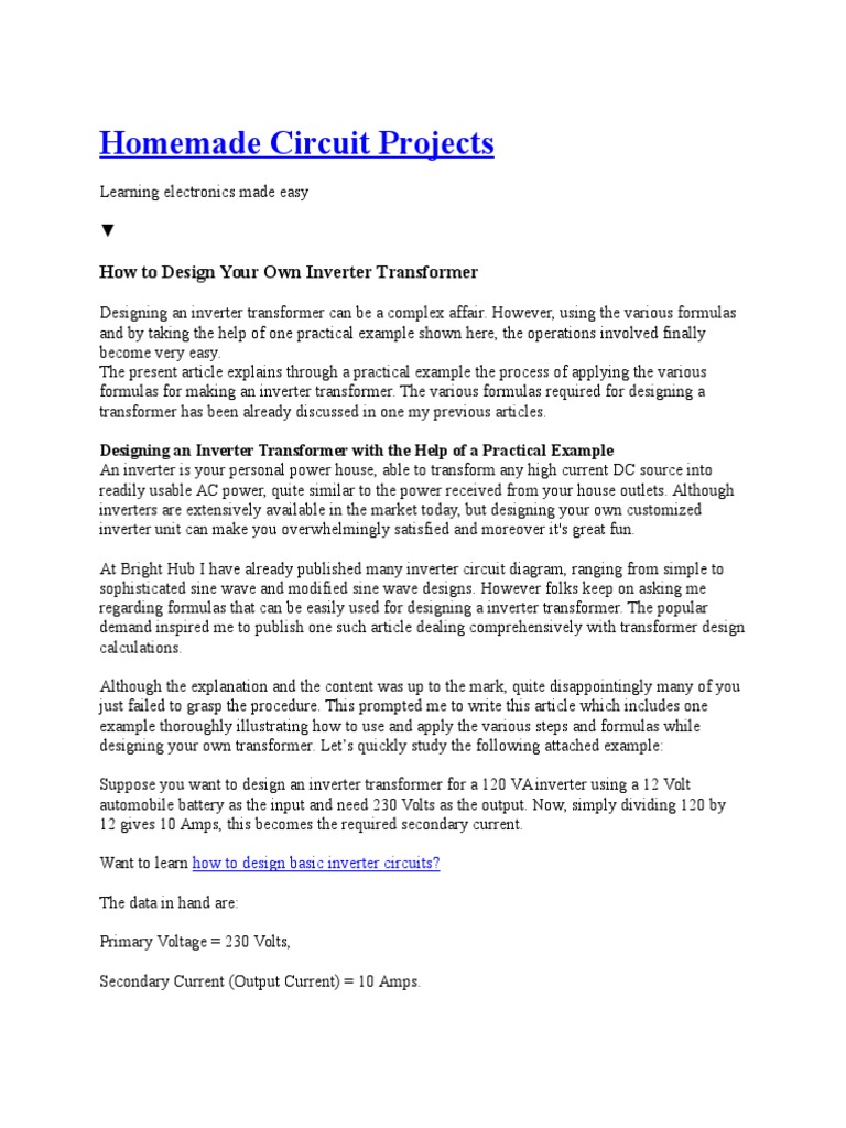 Homemade Circuit Projects | PDF | Power Inverter | Transformer