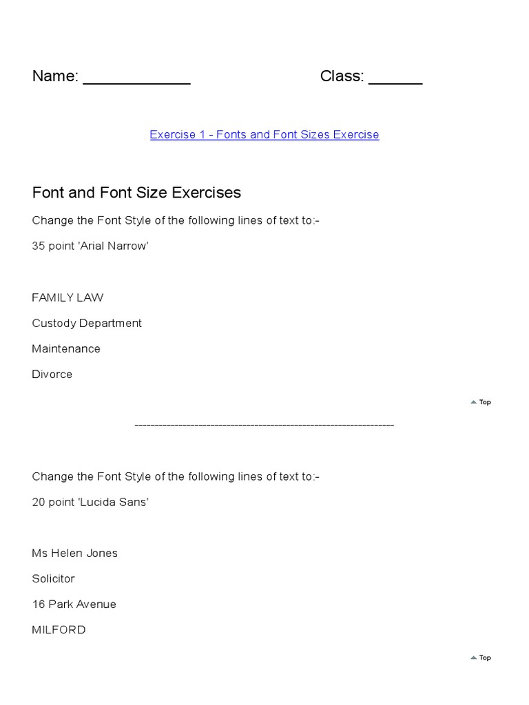 Name: - Class: - : Exercise 1 - Fonts and Font Sizes Exercise | PDF ...