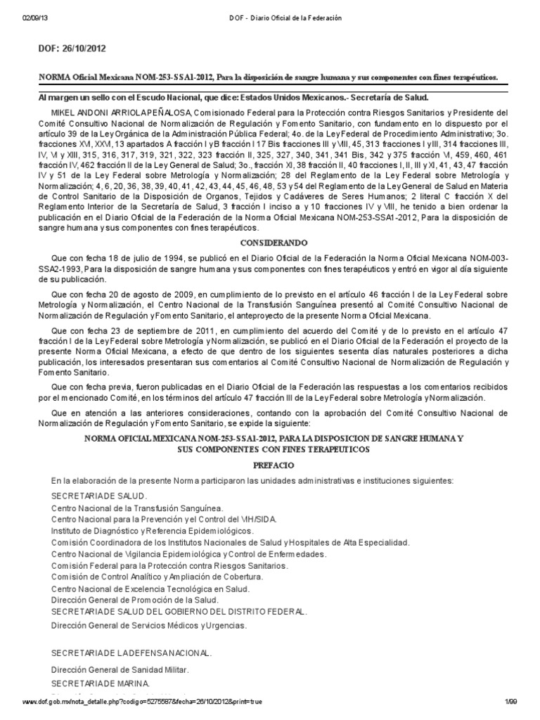 NORMA Oficial Mexicana NOM-253-SSA1-2012, para La Disposición de Sangre ...