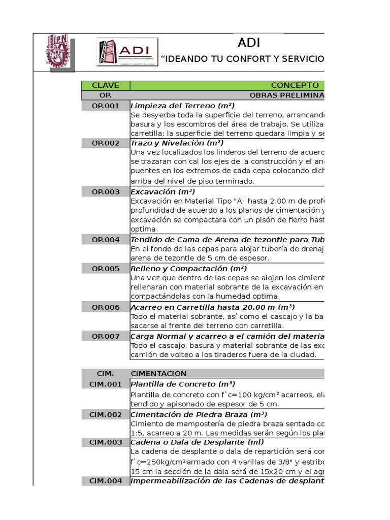 Catalogo de Conceptos | Fundación (Ingeniería) | Hormigón