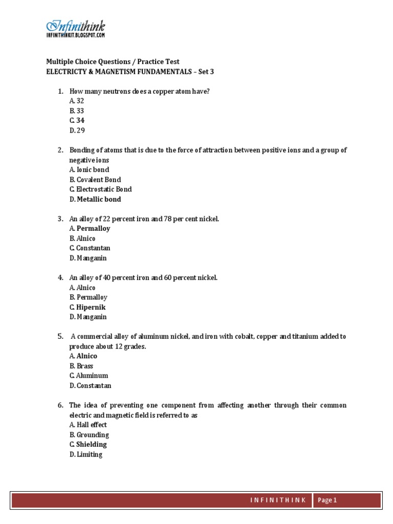 Electricity & Magnetism MCQ Practice Test | PDF | Teaching Methods ...
