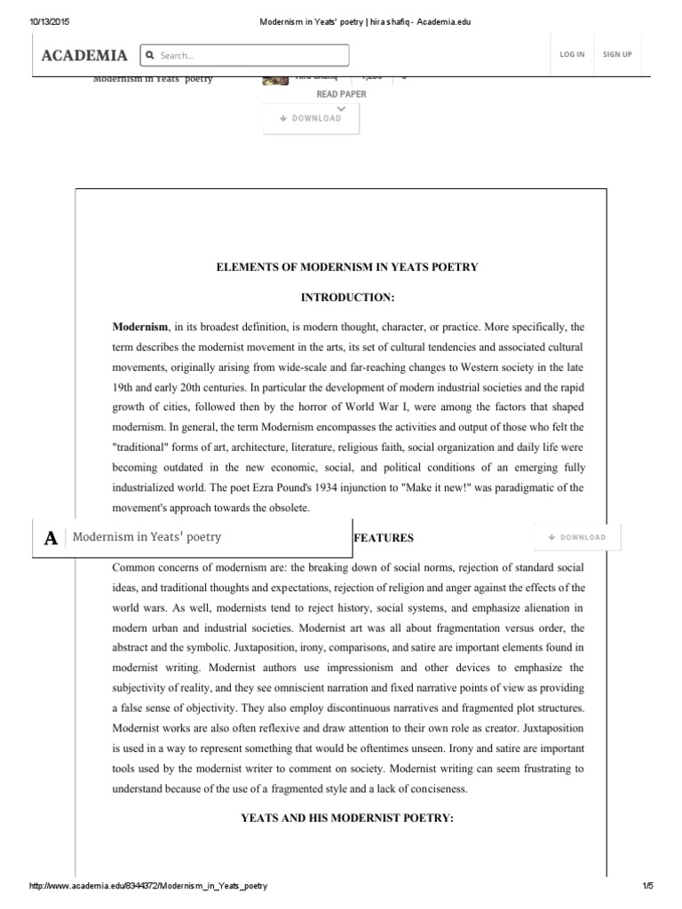 Modernism in Yeats' Poetry - Hira Shafiq - Academia PDF | PDF ...