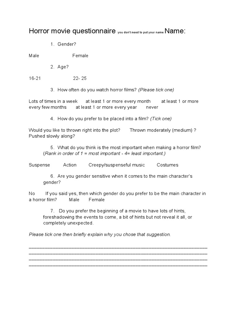 Horror Movie Questionnaire | PDF