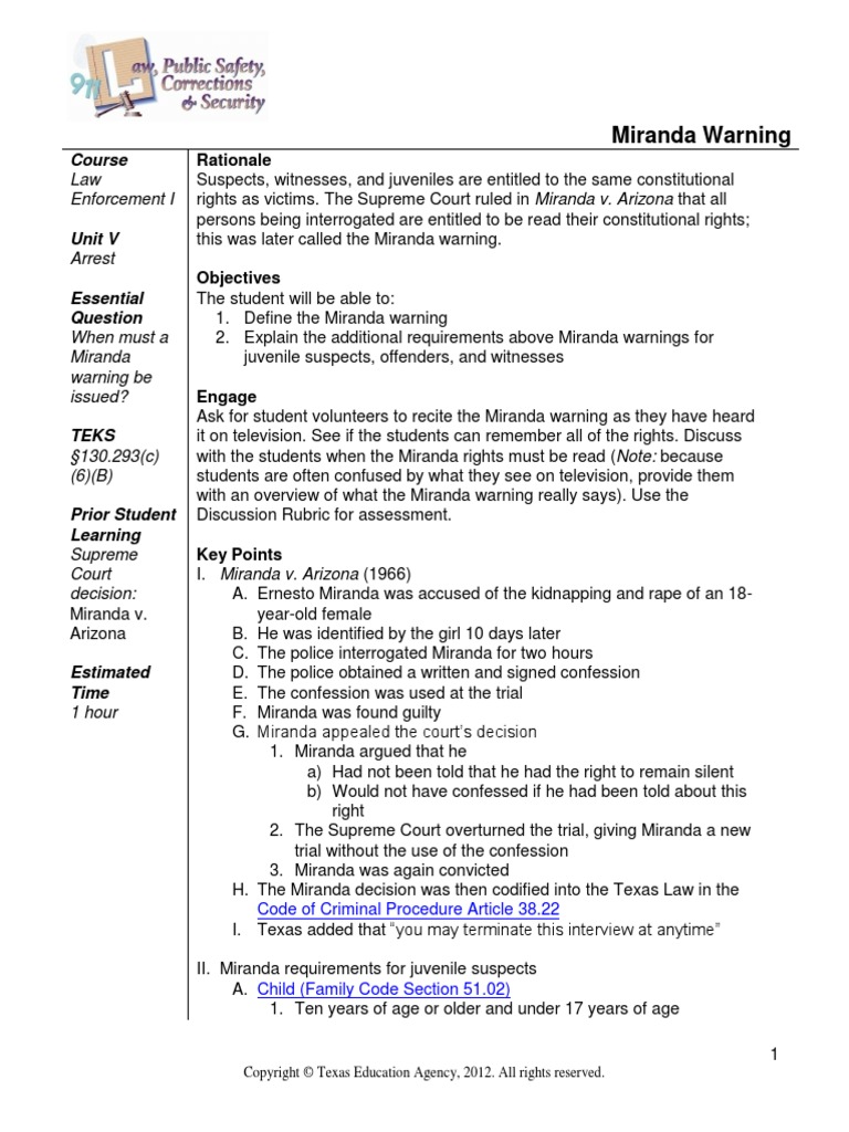 05 Miranda Warning | Miranda Warning | Miranda V. Arizona