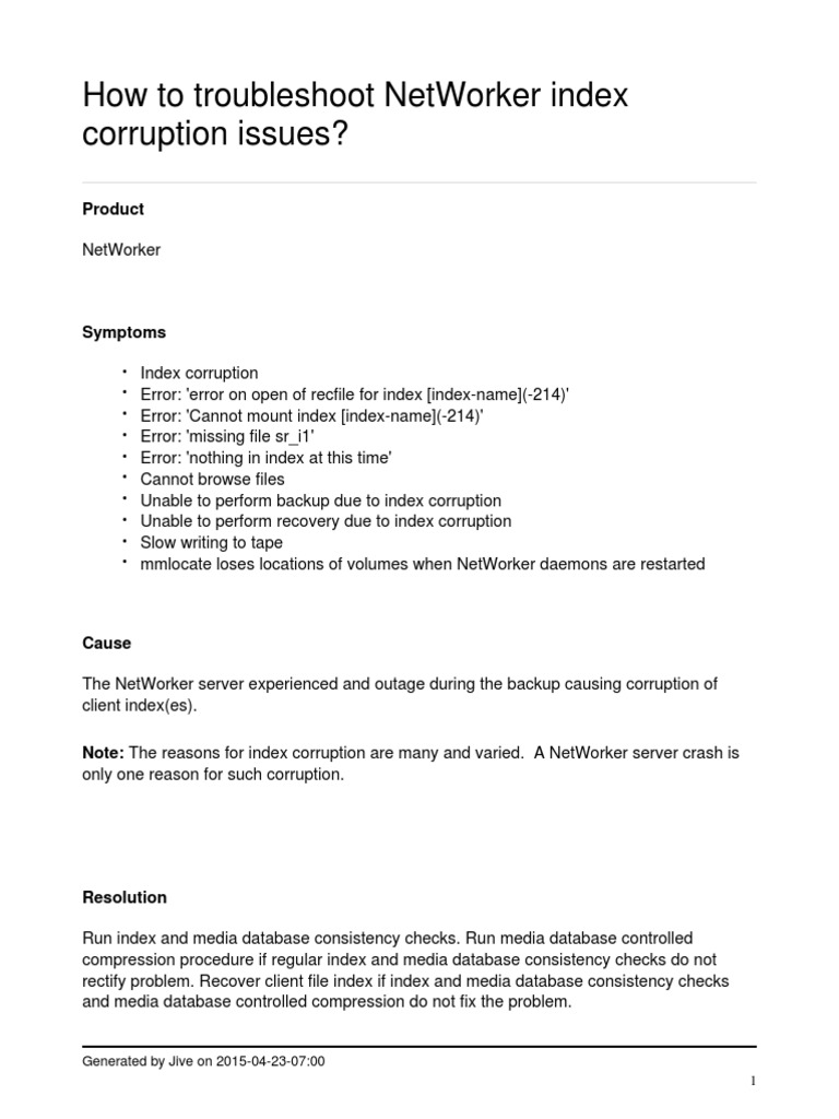 DOC-18657 - Networker Index Corruption | PDF | Database Index | Data Management