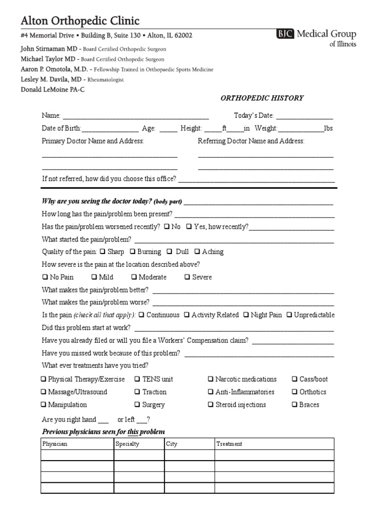 Orthopedic and Health History Forms | PDF | Orthopedic Surgery | Pain