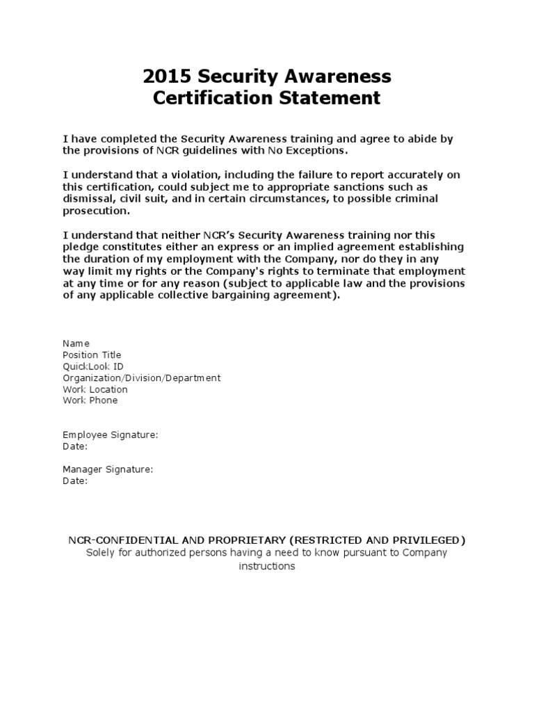 Security Awareness Certification Form | PDF | Law