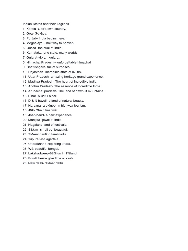 Taglines of Indian States for Tourism | PDF | South Asia | Economy Of India