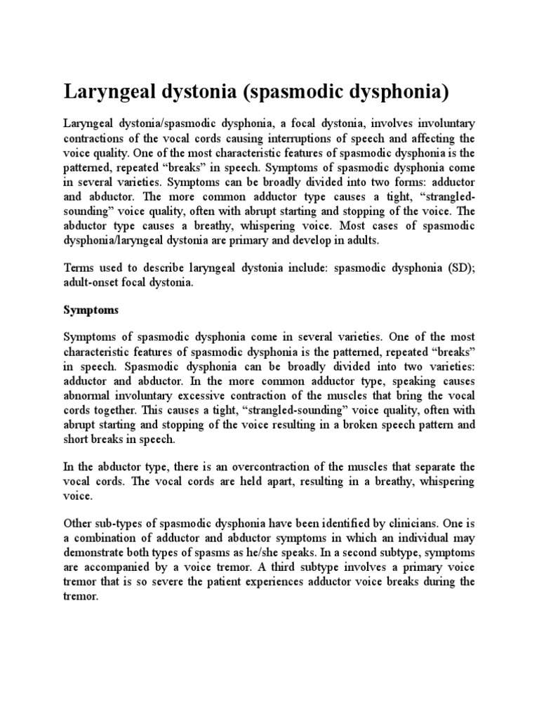 Laryngeal Dystonia (Spasmodic Dysphonia) : Symptoms | Download Free PDF ...