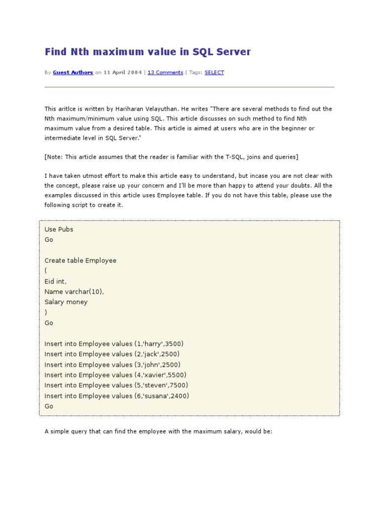 Find Nth Maximum Value In Sql Server Pdf Sql Information Retrieval