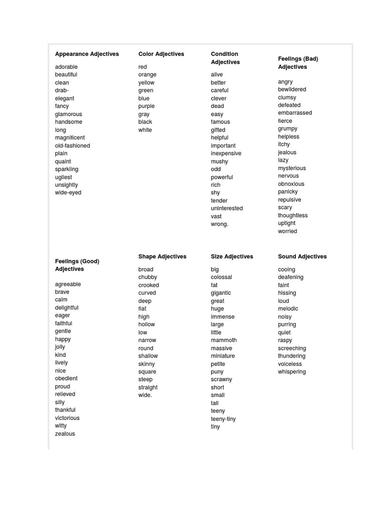 Appearance Adjectives Color Adjectives Condition Adjectives Feelings ...