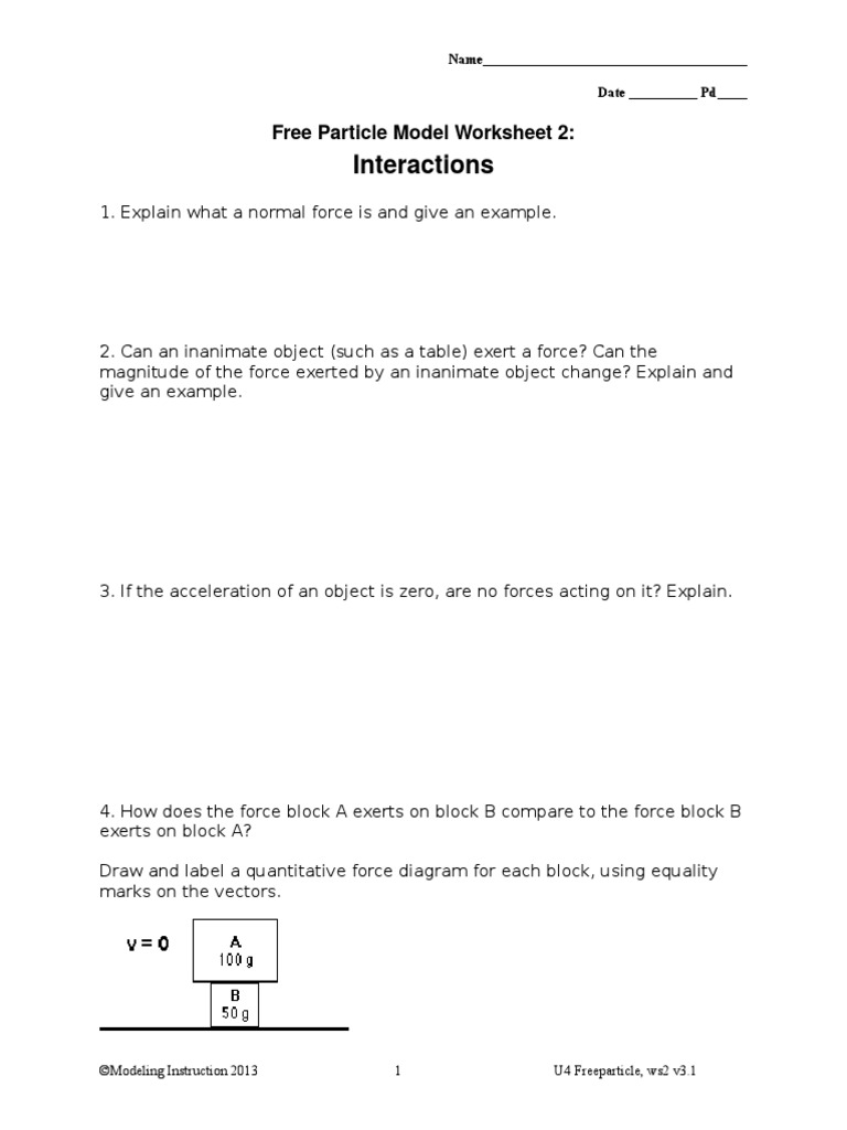 Interactions: Free Particle Model Worksheet 2 | PDF