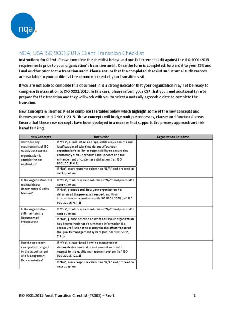 US ISO9001 Transition Checklist | PDF | Iso 9000 | Quality Management ...