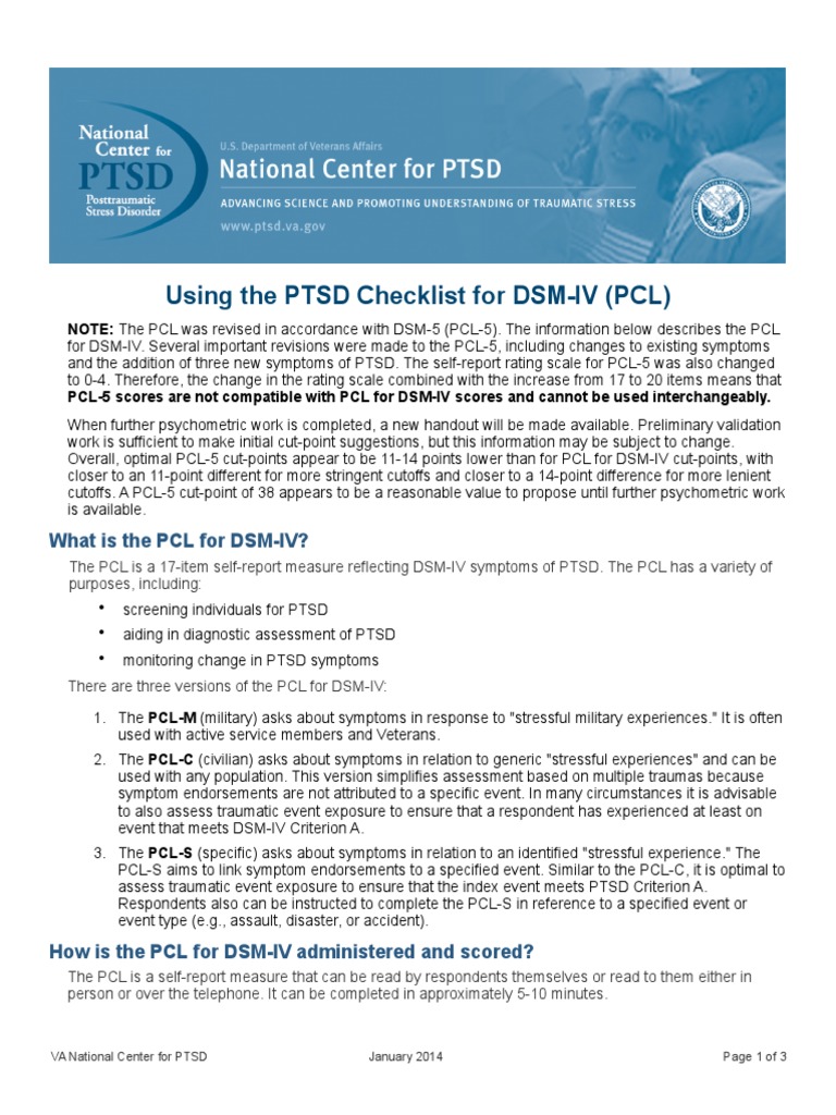 PCL Handout | PDF | Posttraumatic Stress Disorder | Diagnostic And ...