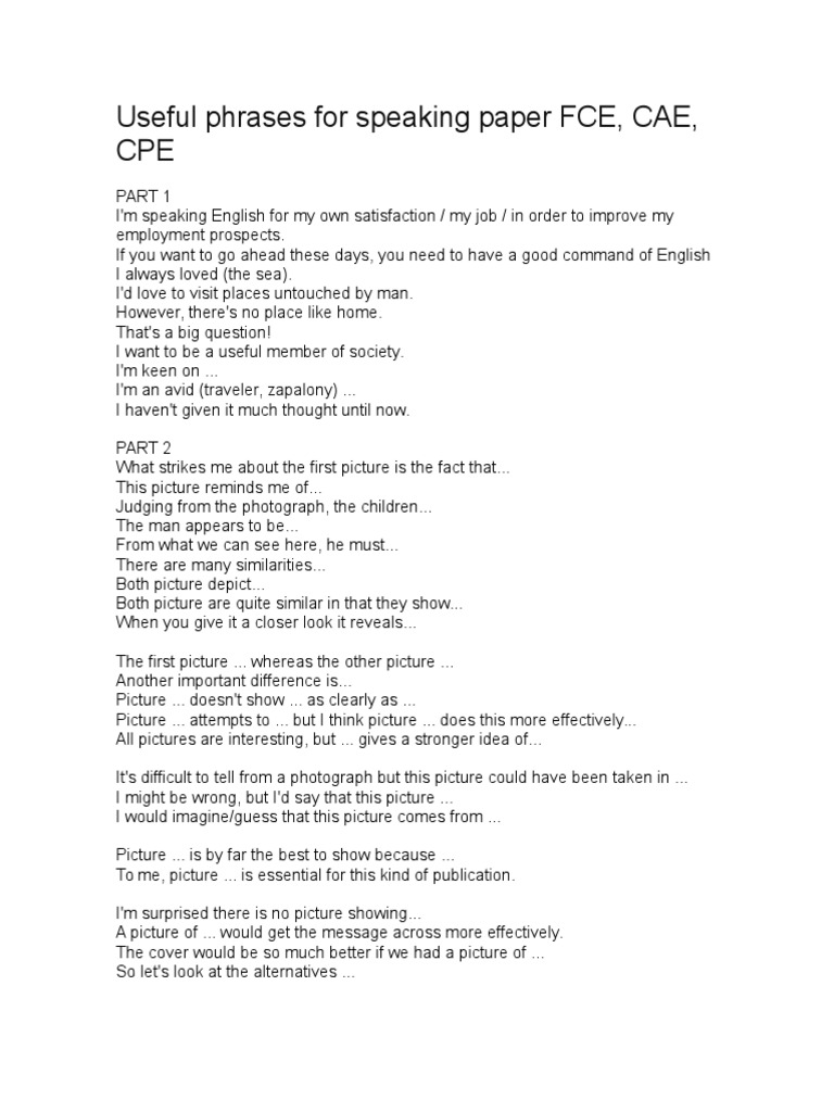 Essential Phrases for FCE, CAE, CPE Speaking | PDF