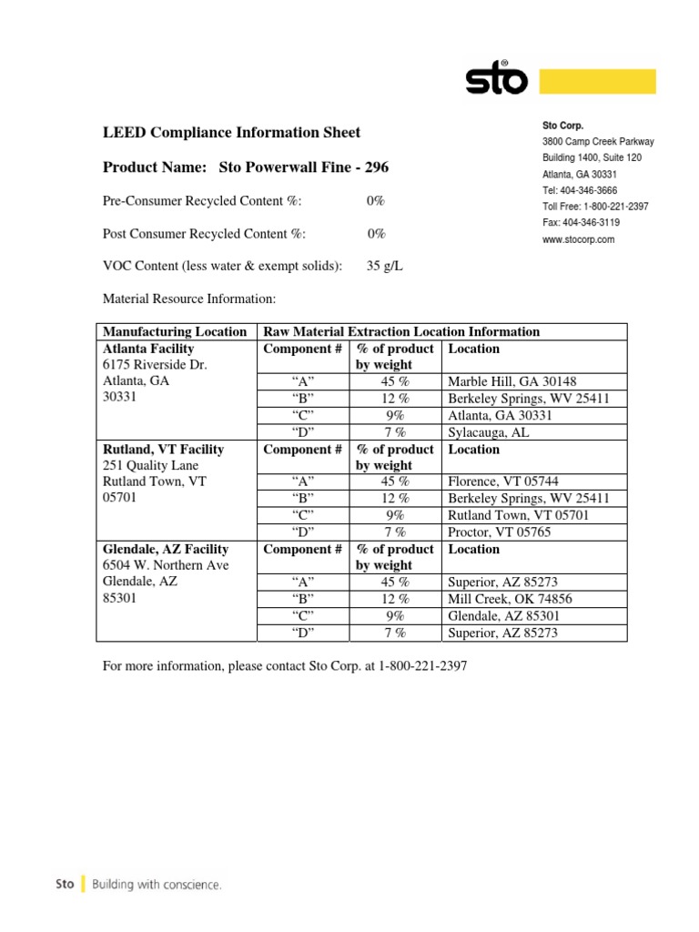LEED Compliance Information Sheet Product Name: Sto Powerwall Fine ...