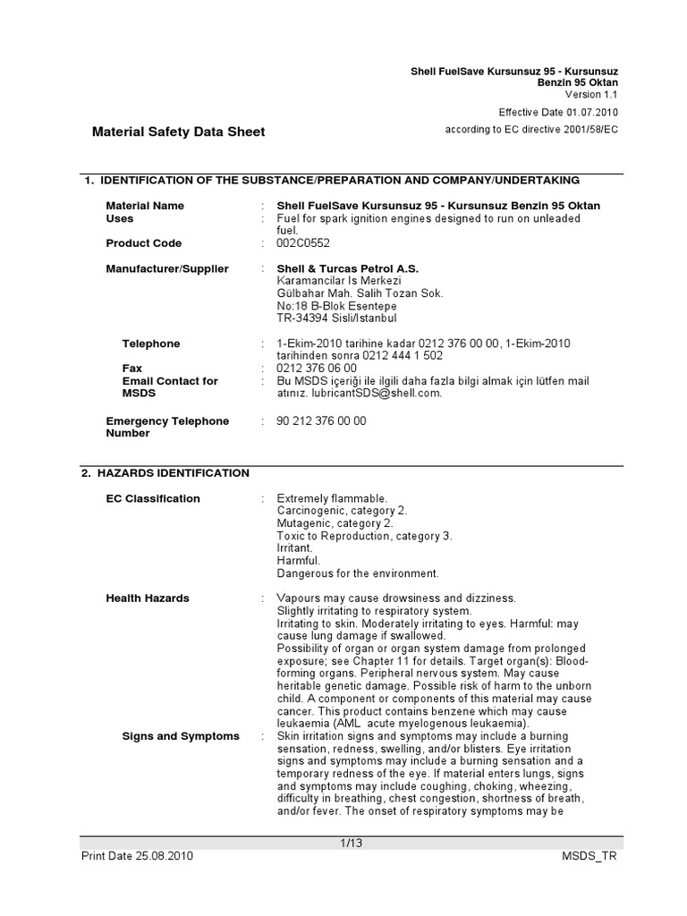 MSDS Petrol | PDF | Dangerous Goods | Benzene
