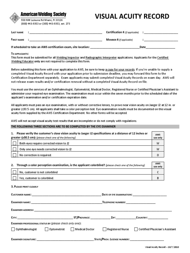 Visual Acuity Record | Optometry | Visual Acuity