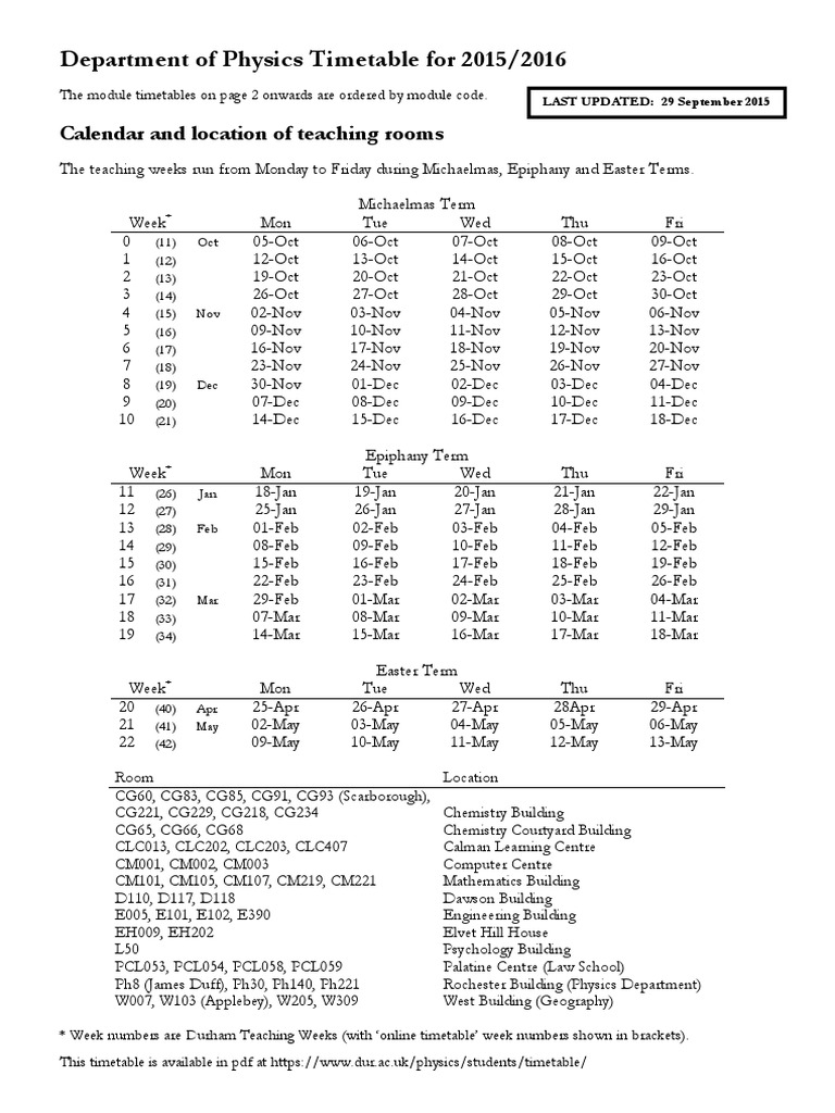 Durham Physics Timetable 2015/16 | PDF | Laser | Physics