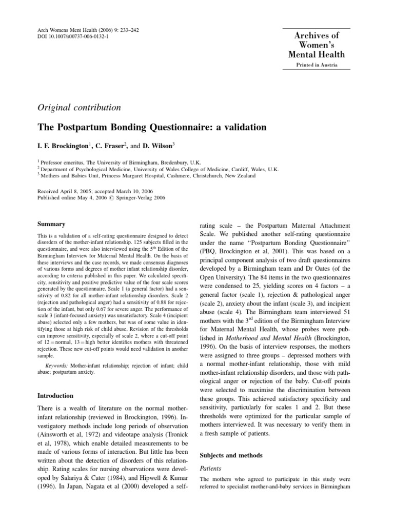 Postpartum Bonding Questionnaire | PDF | Sensitivity And Specificity ...