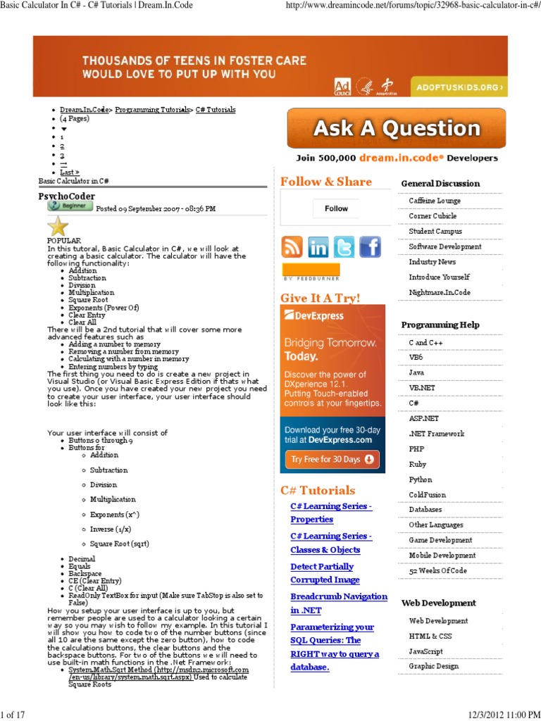 Basic Calculator in C# - C# Tutorials - Dream | PDF | C (Programming ...