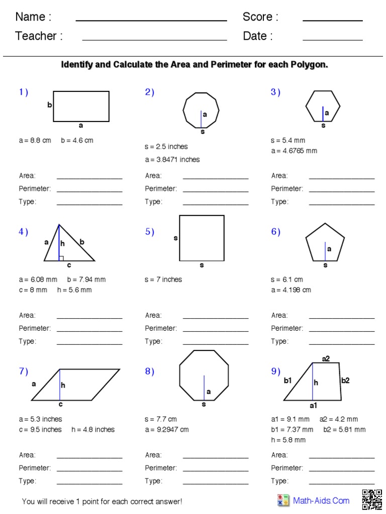 Area and Perimeter of Polygons Worksheet | PDF