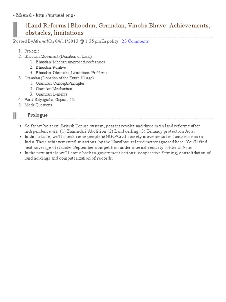 Land Reforms in India - Bhoodan Movement & Vinoba Bhave | PDF ...