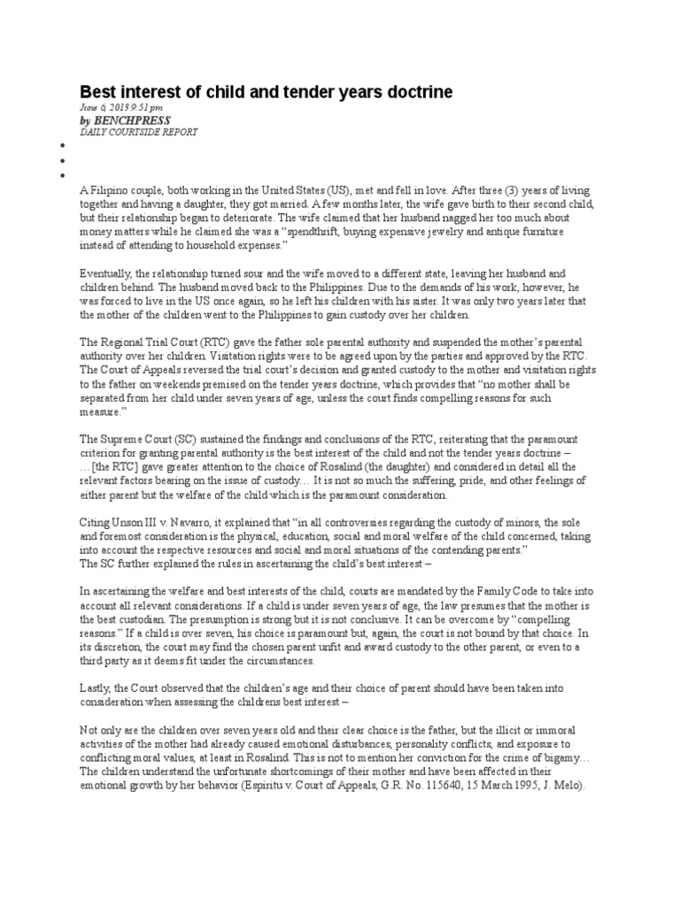 Best Interest of Child and Tender Years Doctrine | PDF | Best Interests ...