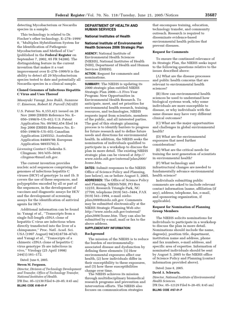 Notice: Reports and Guidance Documents Availability, Etc.: National ...