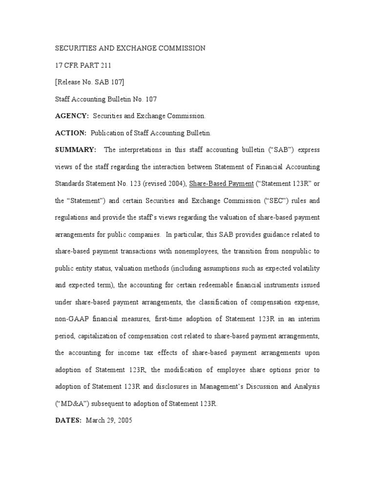 Guidance on SAB 107 for Share-Based Payments | PDF | Implied Volatility ...