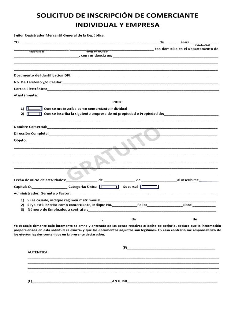 Solicitud de Inscripcion de Comerciante Individual y Empresa | PDF Solicitud de Inscripcion de Comerciante Individual y Empresa | PDF