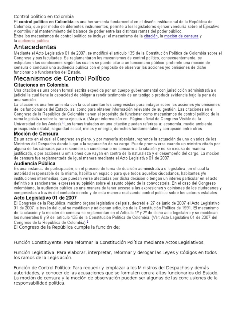 Control Político en Colombia | PDF | Administración Pública | Presupuesto