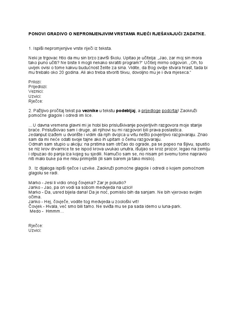 Nepromjenjive Vrste Rijeci | PDF