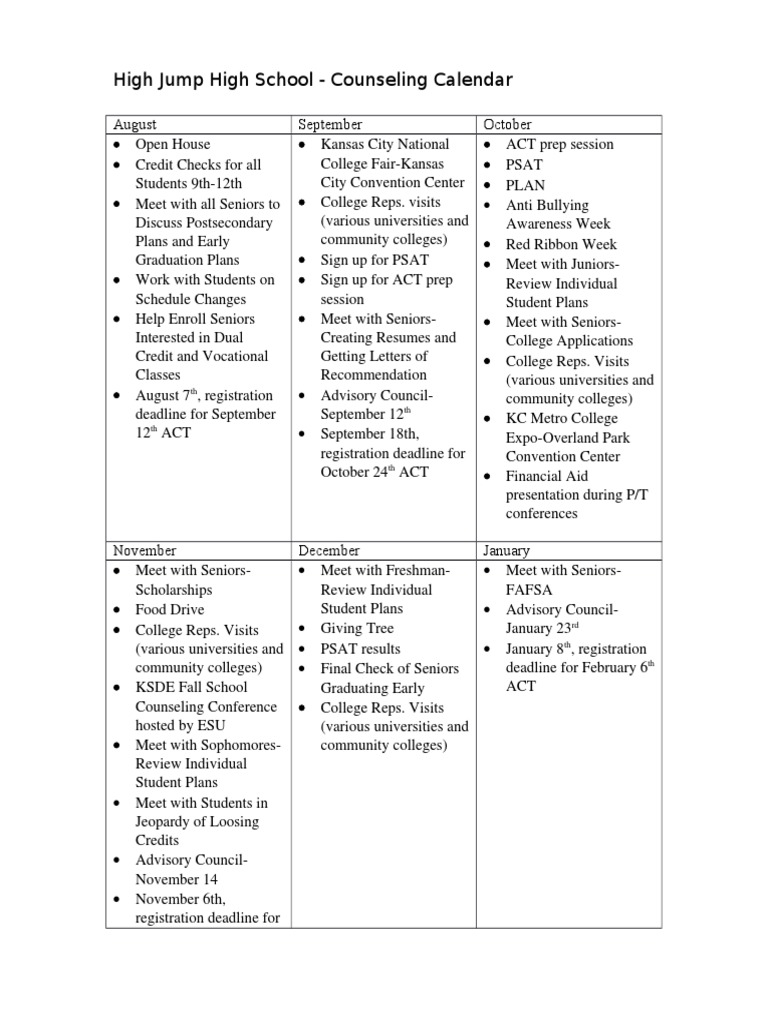 High School Counseling Calendar | PDF