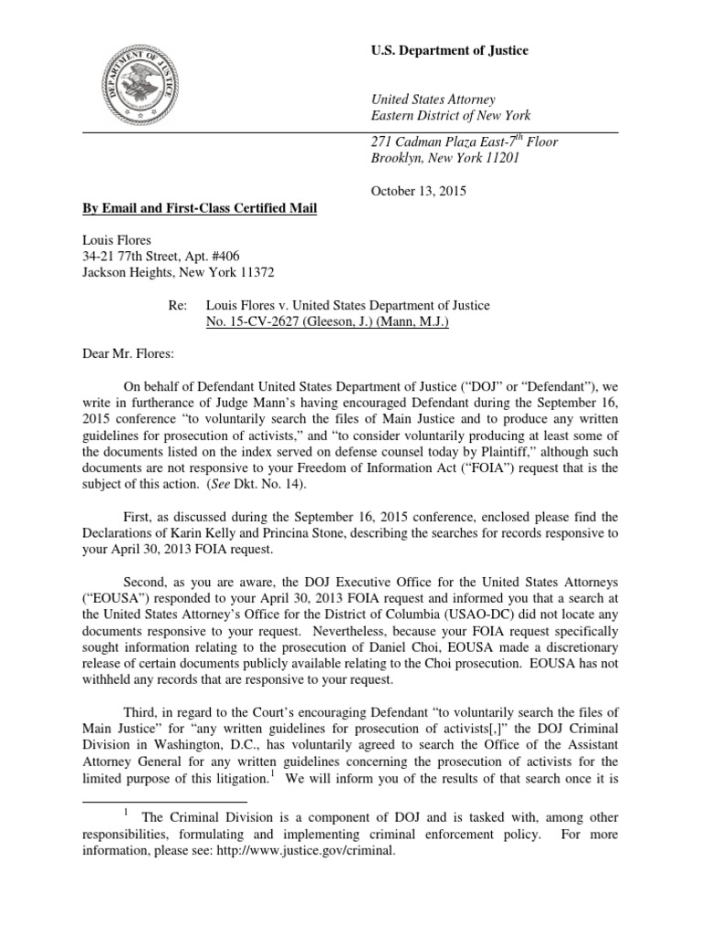 2015-10-13 USAO EDNY Letter To Flores Re Magistrate Judge Order To ...