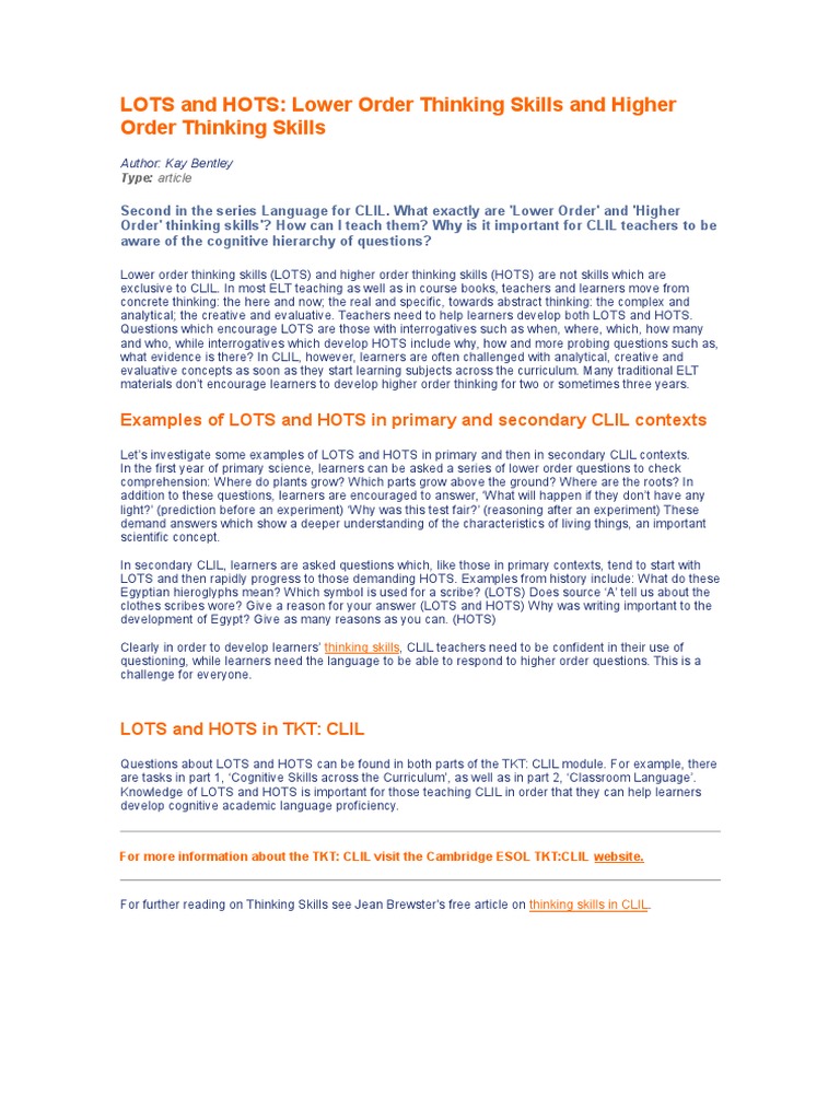 Low Order Thinking and High Order Thinking | PDF | Thought | Learning