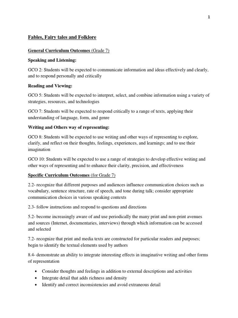 Grade 7 Fables and Folklore Unit Plan | PDF | Mythology | Fairy Tales