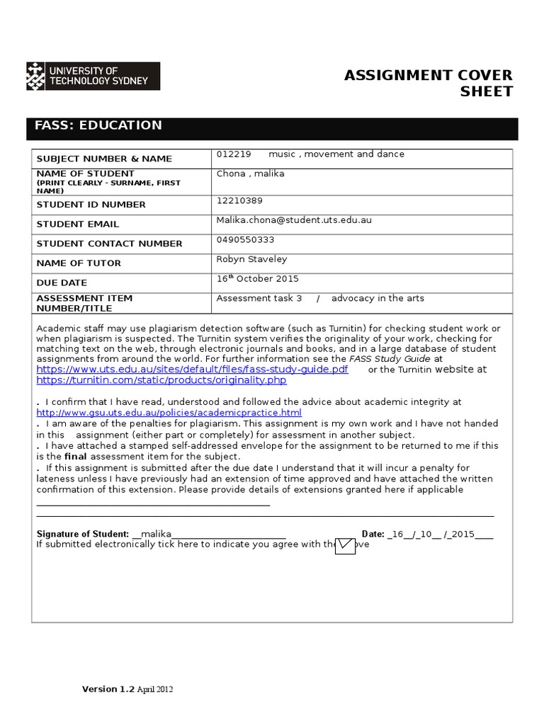 Fass: Education: Assignment Cover Sheet | PDF | Social Science