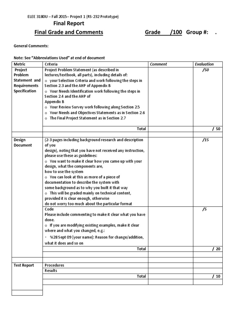 ELEE 3180 Project 1 Rubric | PDF