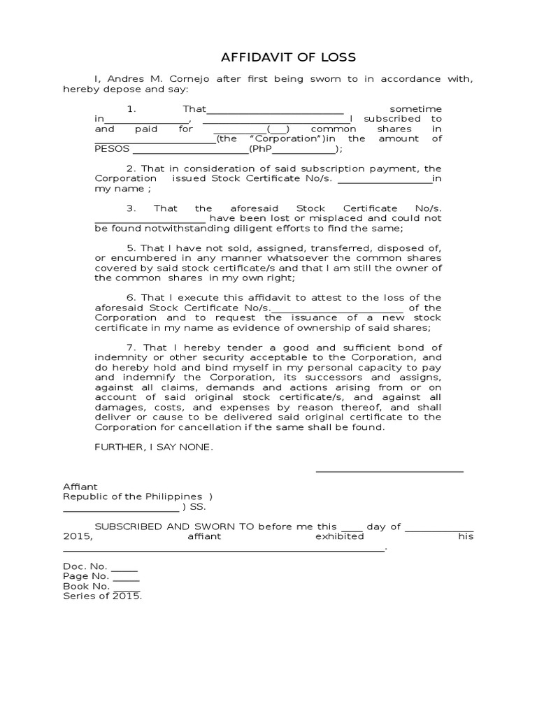 Affidavit of Lost Stock Certificate | PDF | Finance & Money Management
