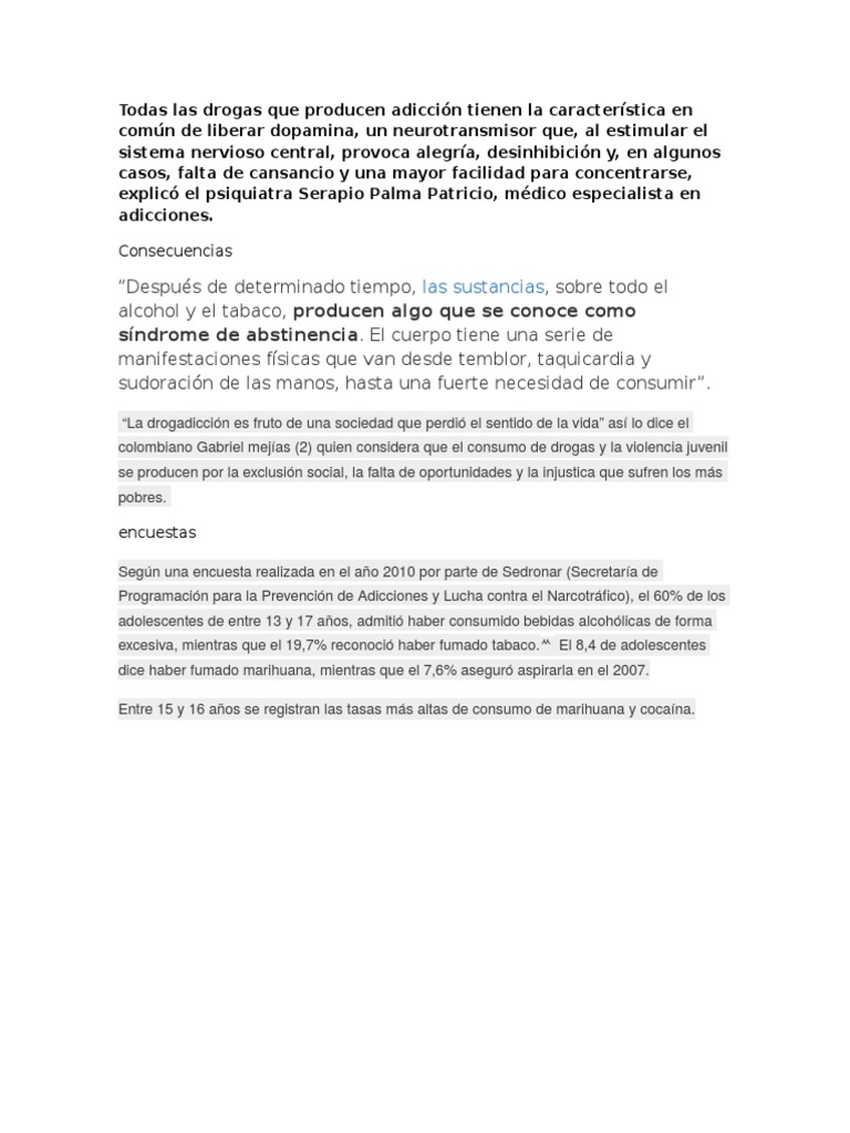 Todas Las Drogas Que Producen Adicción Tienen La Característica en Común de Liberar Dopamina ...