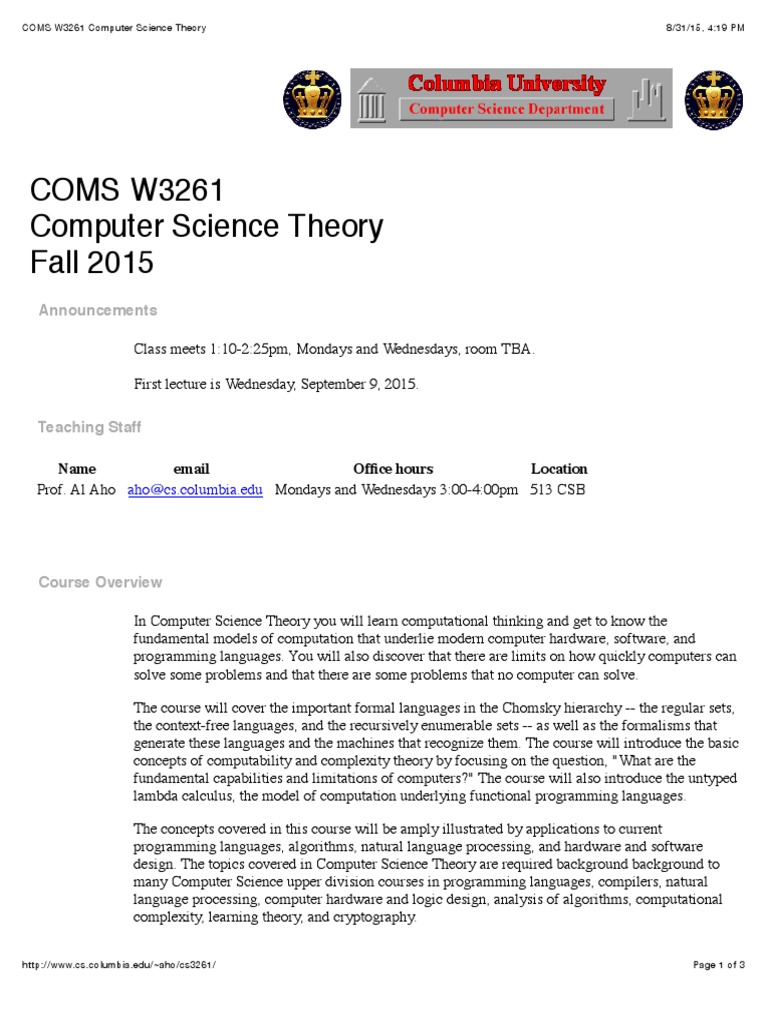COMS W3261 Computer Science Theory | PDF | Formalism (Deductive ...
