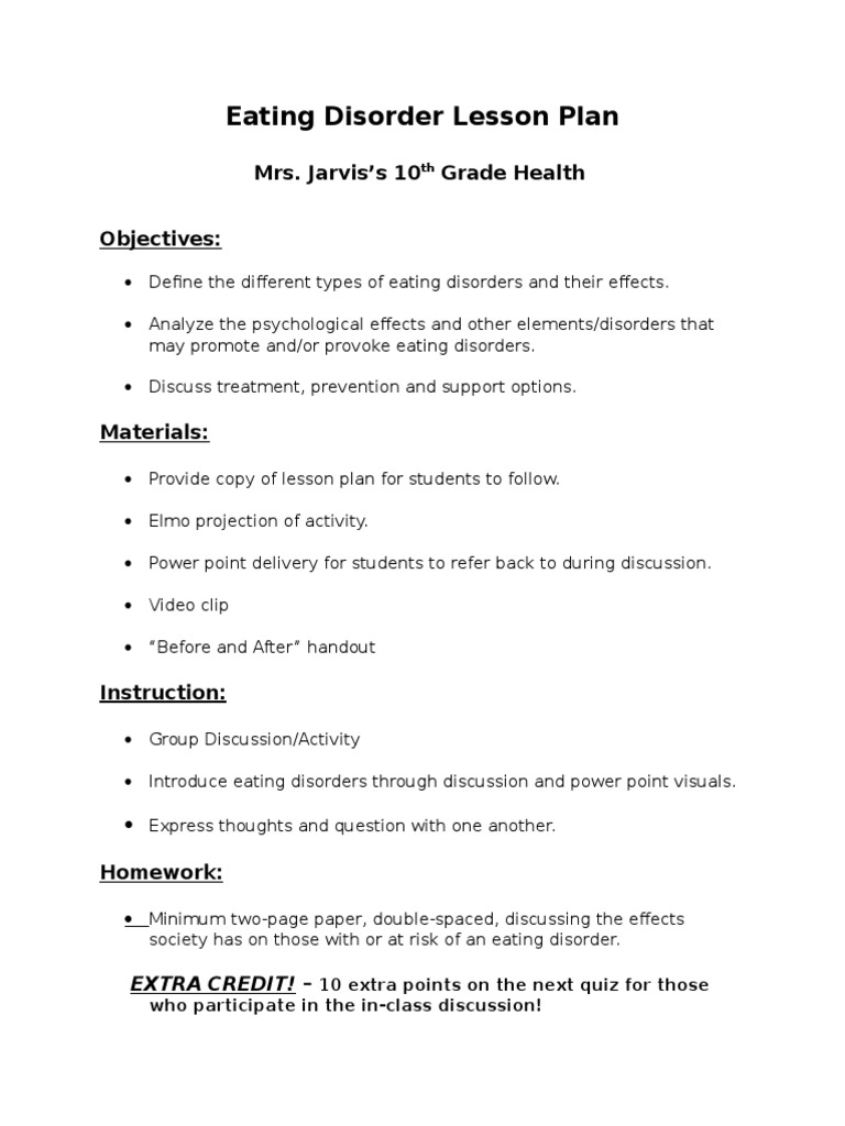 Eating Disorder Lesson Plan: Mrs. Jarvis's 10 Grade Health Objectives | PDF