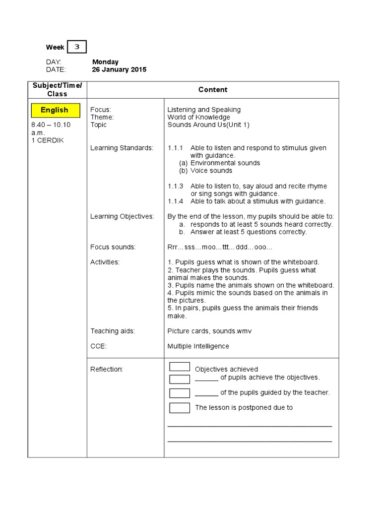 Lesson Plan KSSR English Year 1 Week 3 | PDF | Lesson Plan | English ...